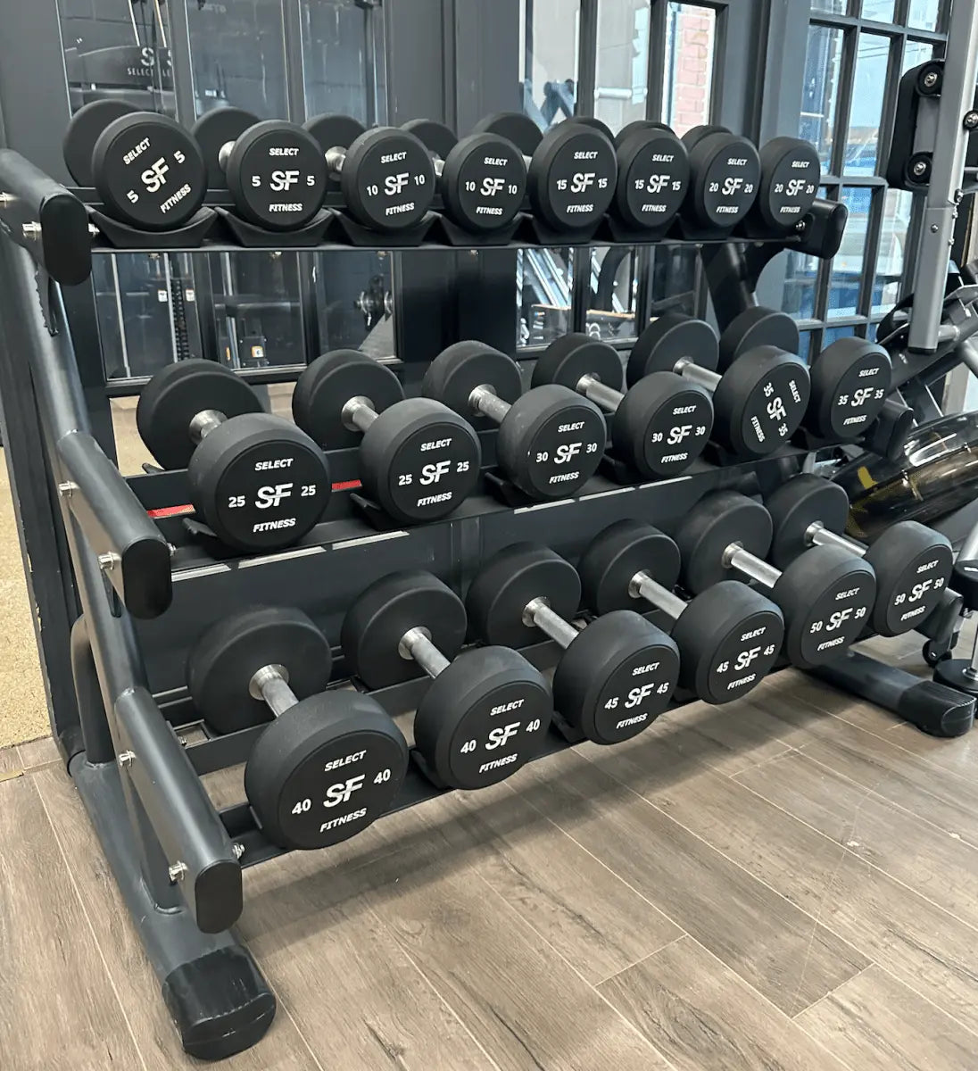 Select Fitness 5-50 Urethane Dumbbells w/Studio 3-Tier Dumbbell Rack